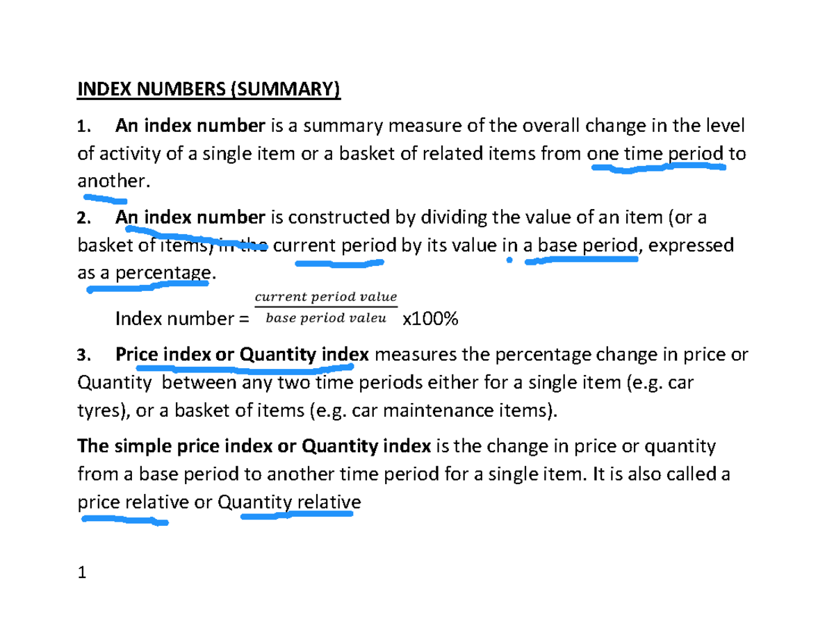 Index numbers notes - Study material - INDEX NUMBERS (SUMMARY) 1. An ...