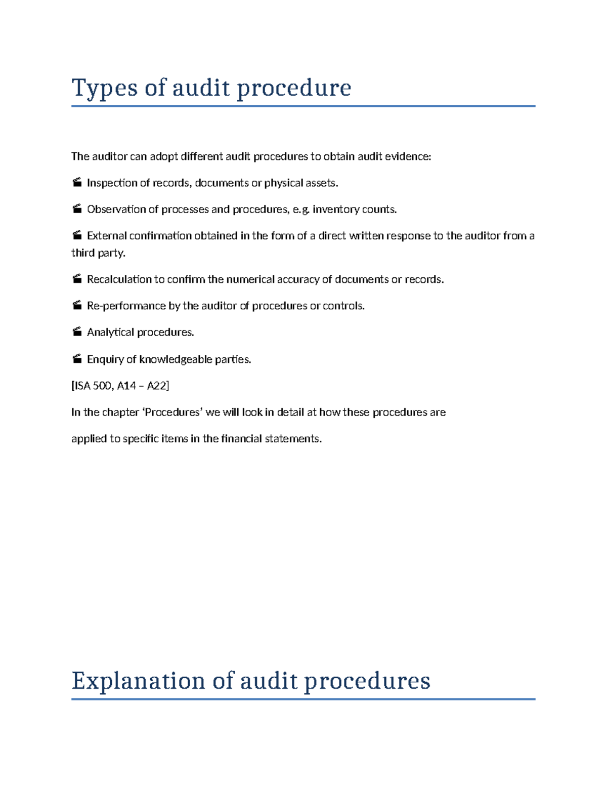 Types of Audit Procedures: A Detailed Overview for 500, A14 - Studocu
