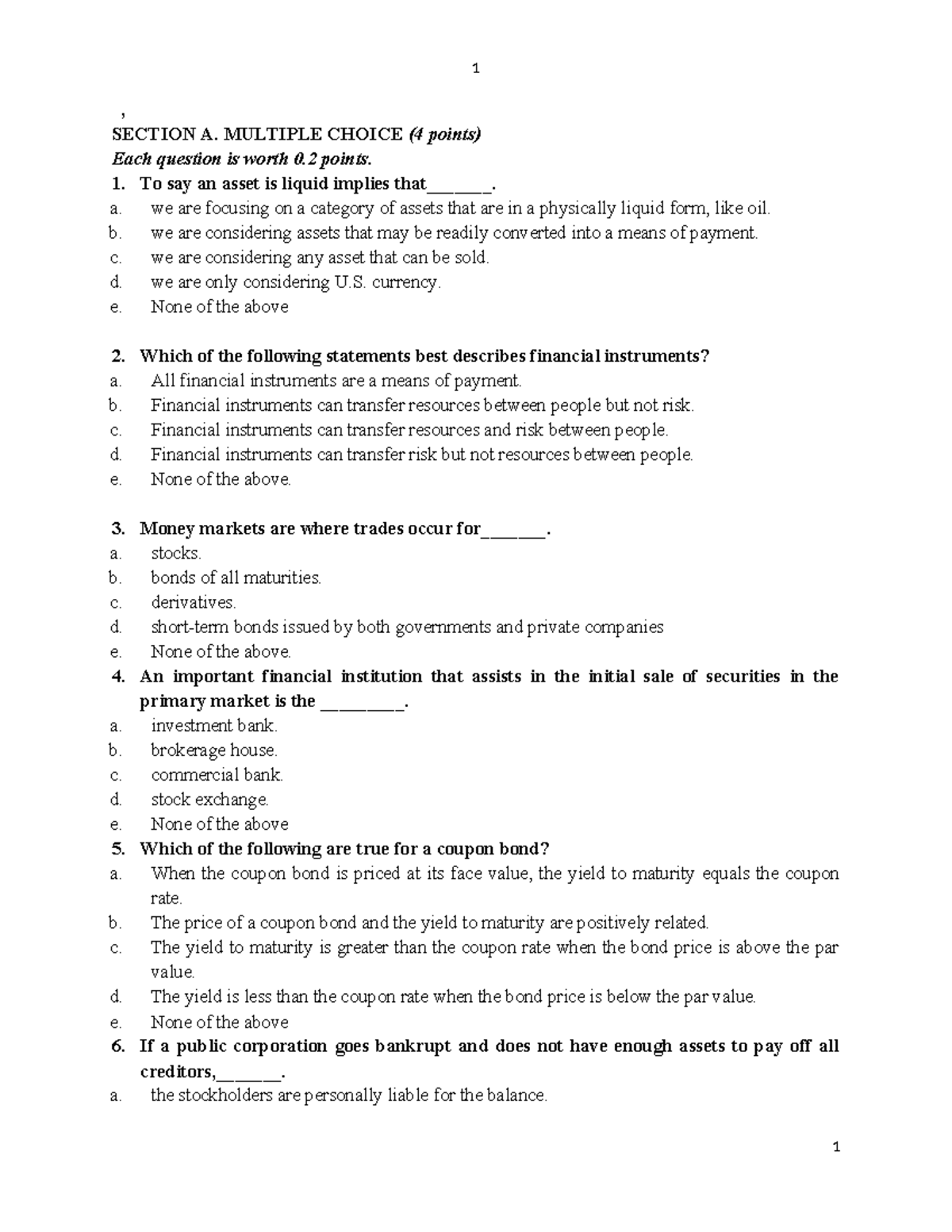 Midterm Exam 2016 - Financial Instruments & Markets Review - Studocu