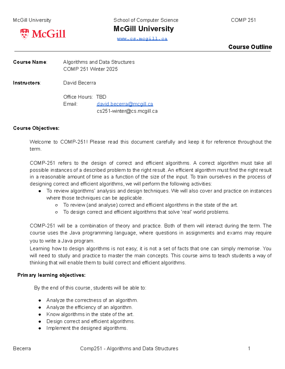 COMP 251 Syllabus Winter 2025 - Algorithms and Data Structures - Studocu