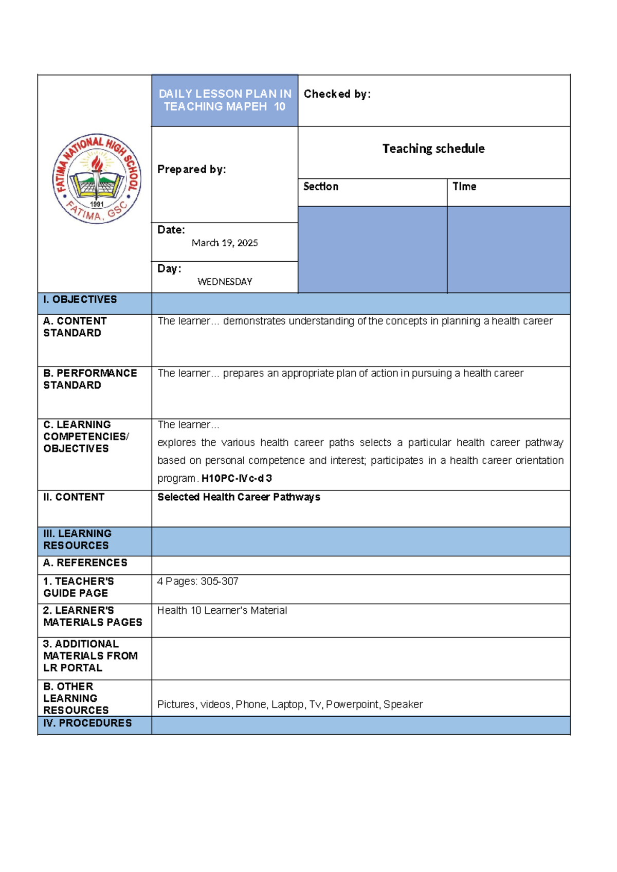 DAILY LESSON PLAN: HEALTH CAREER PATHWAYS (MAPEH 10) - Studocu