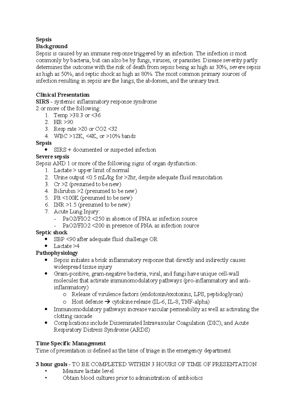 Sepsis Overview and Management: Final Notes for MED 101 - Studocu