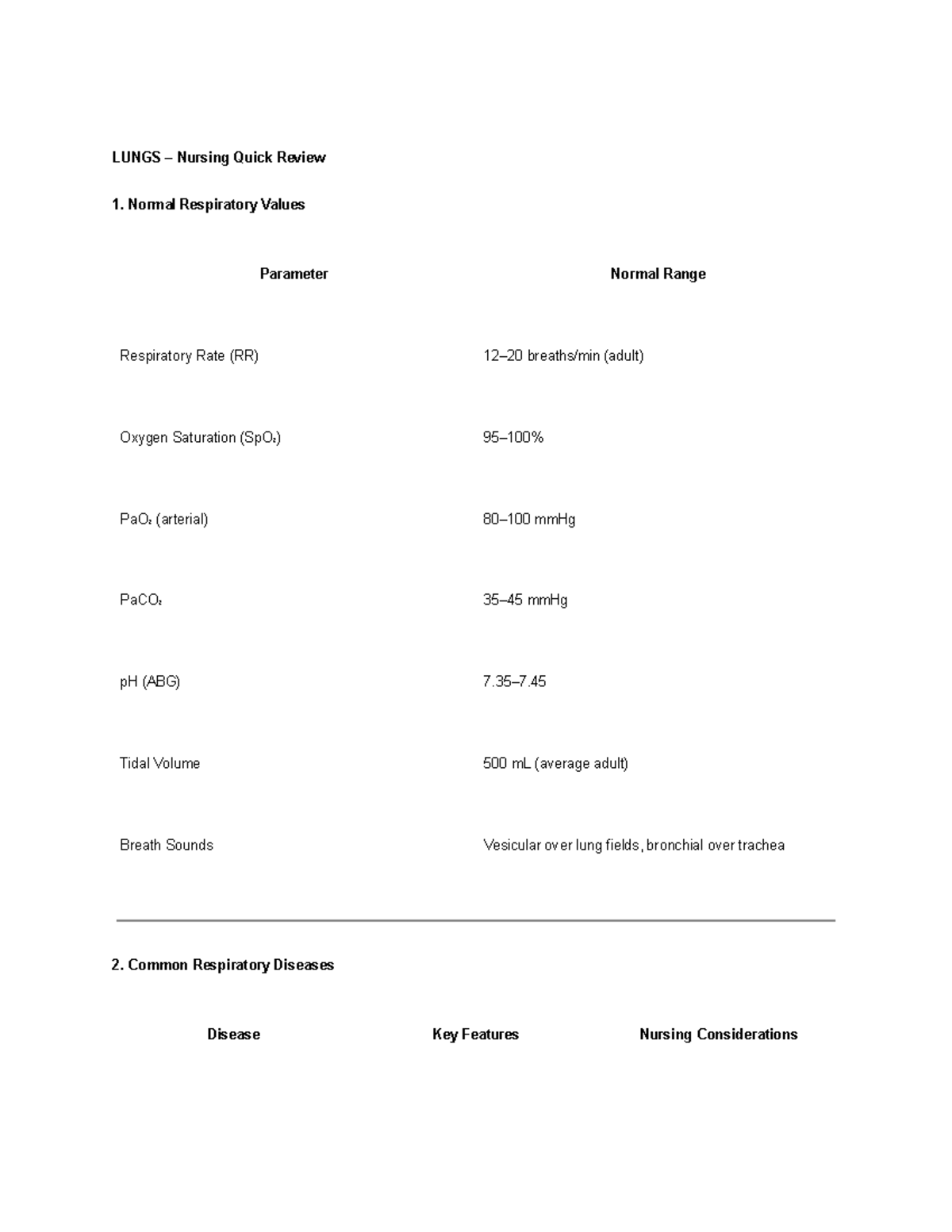 NURS 101: Lungs Nursing Quick Review & Respiratory Values - Studocu