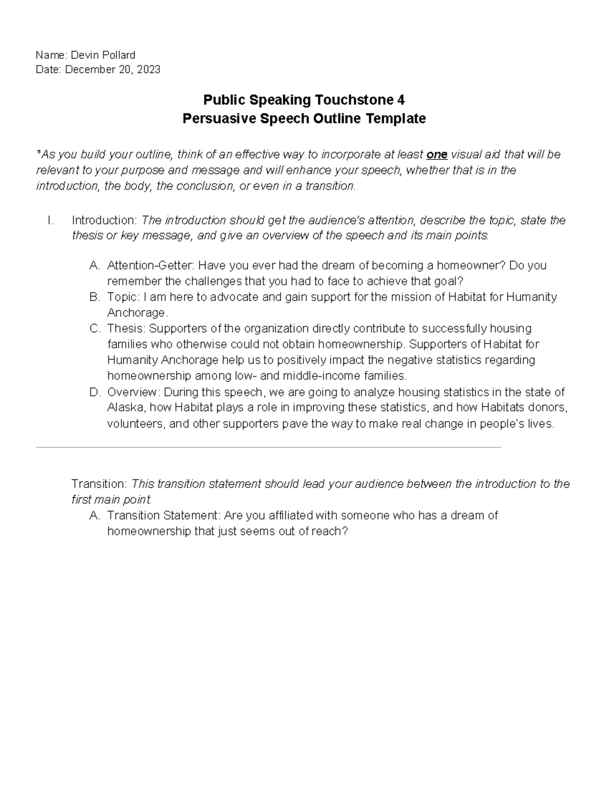 Public Speaking Touchstone 4: Persuasive Speech Outline Template - Studocu