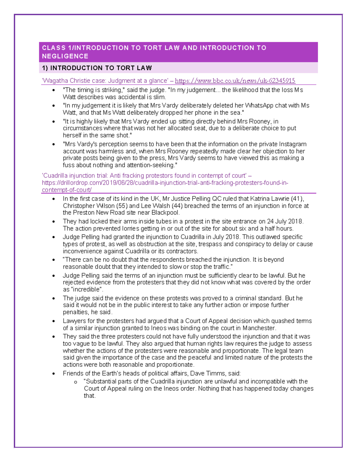 Tort Law Intro: Principles, Negligence, and Landmark Cases in LNO - Studocu
