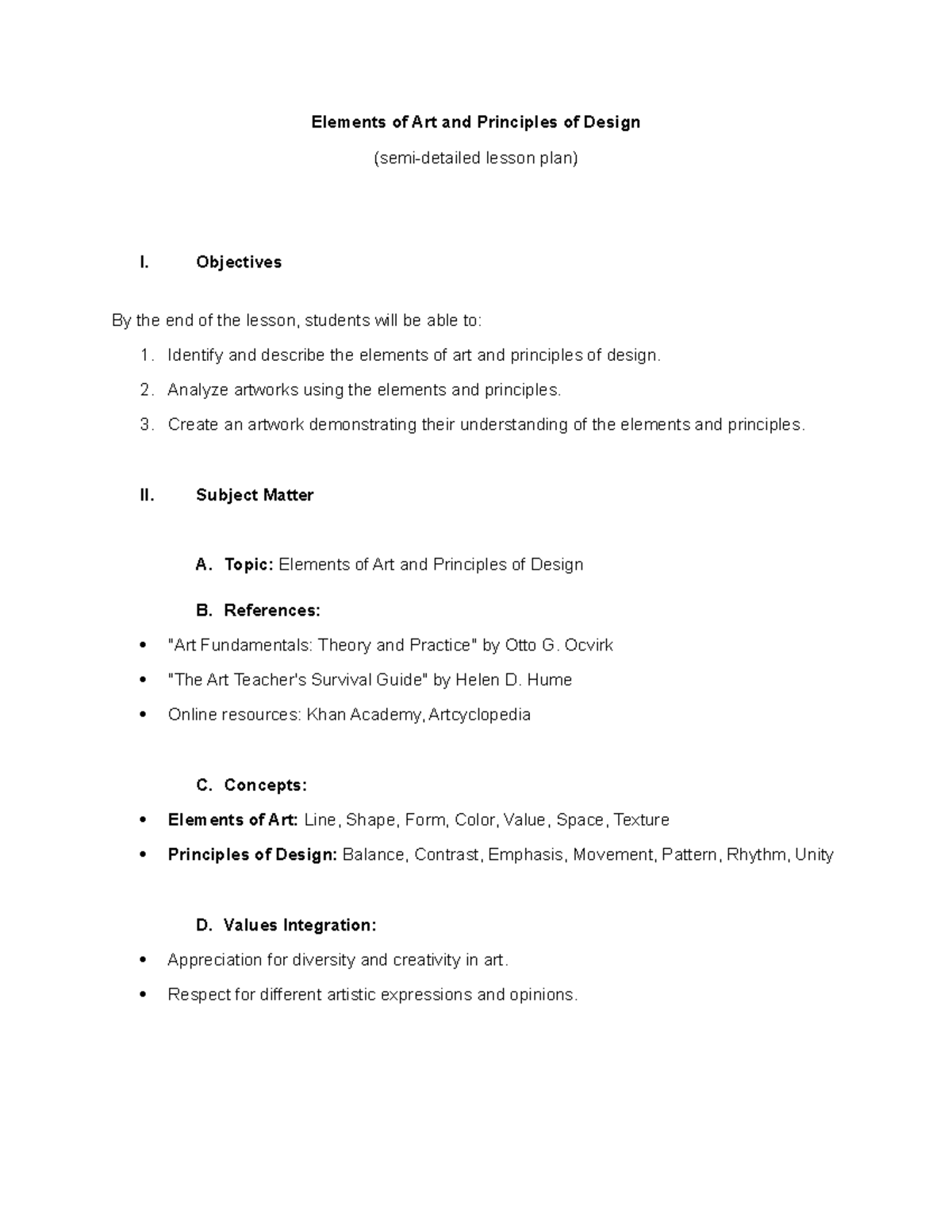 Elements of Art & Principles of Design Lesson Plan - Studocu