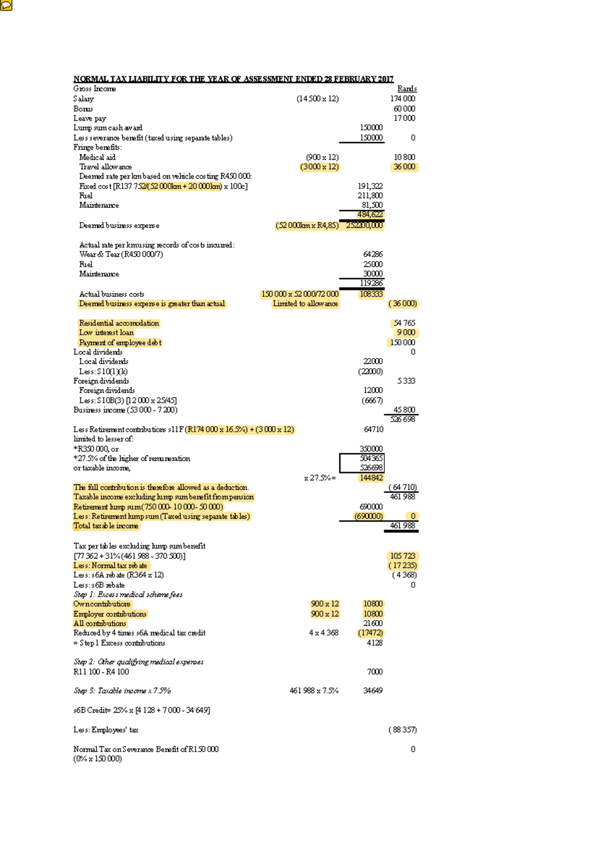 Normal Tax Liability Calculation for Assessment Year 2017 - Week 3 ...