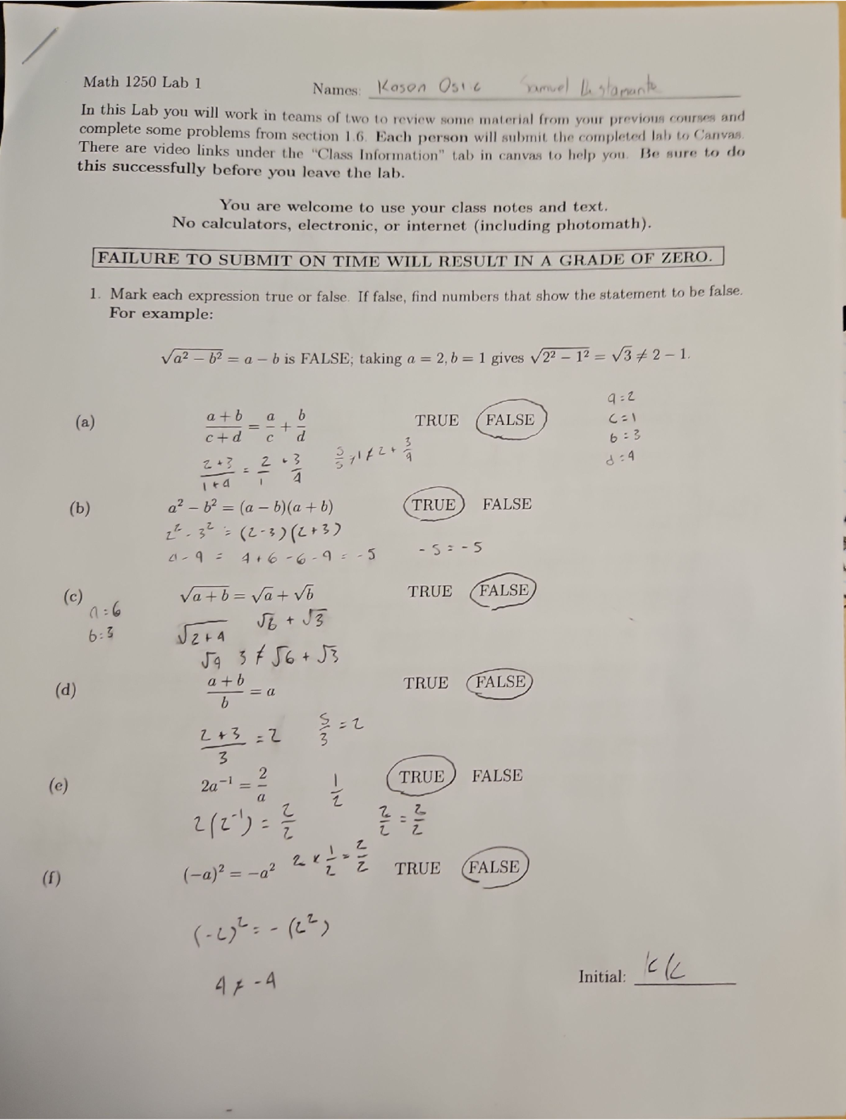 Final Exam Study Guide for Course Code ABC123: Key Topics & Tips - Math 1250 Lab 1 Names: Kason ...