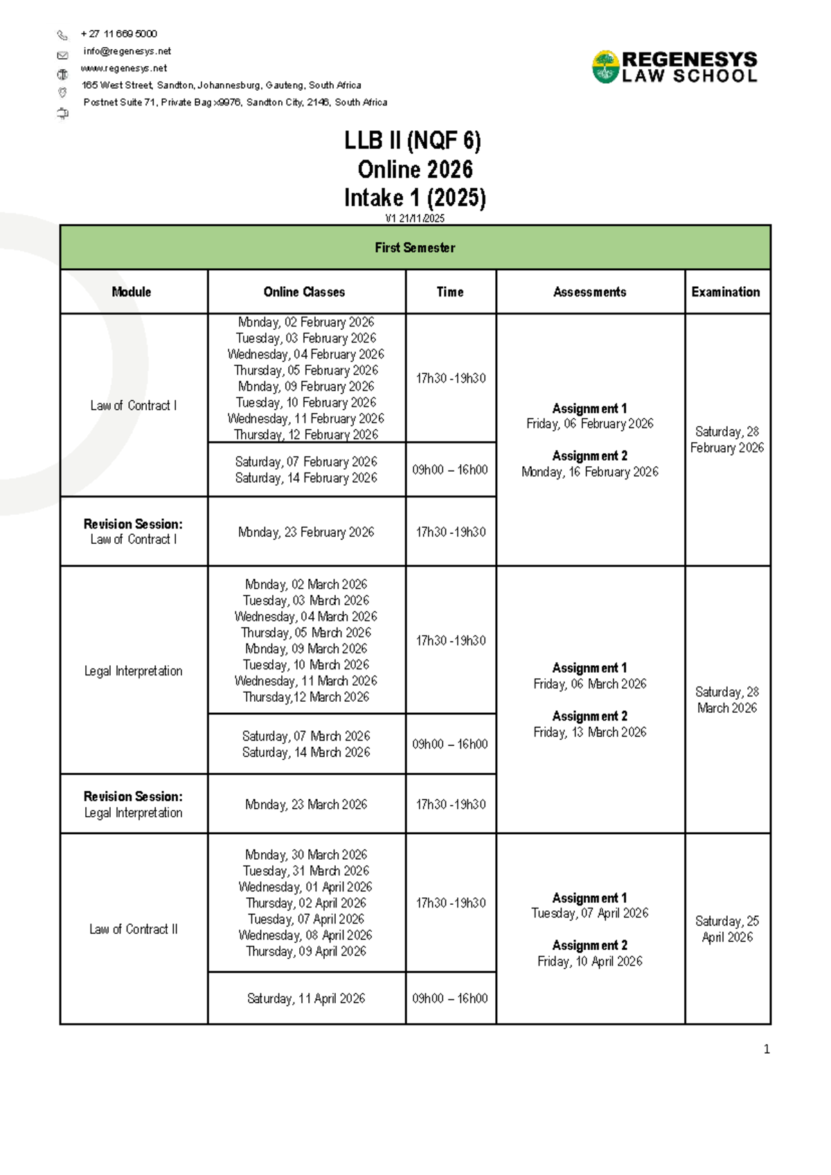 LLB II (NQF 6) Online 2026 Intake 1 Schedule & Revision Sessions - Studocu