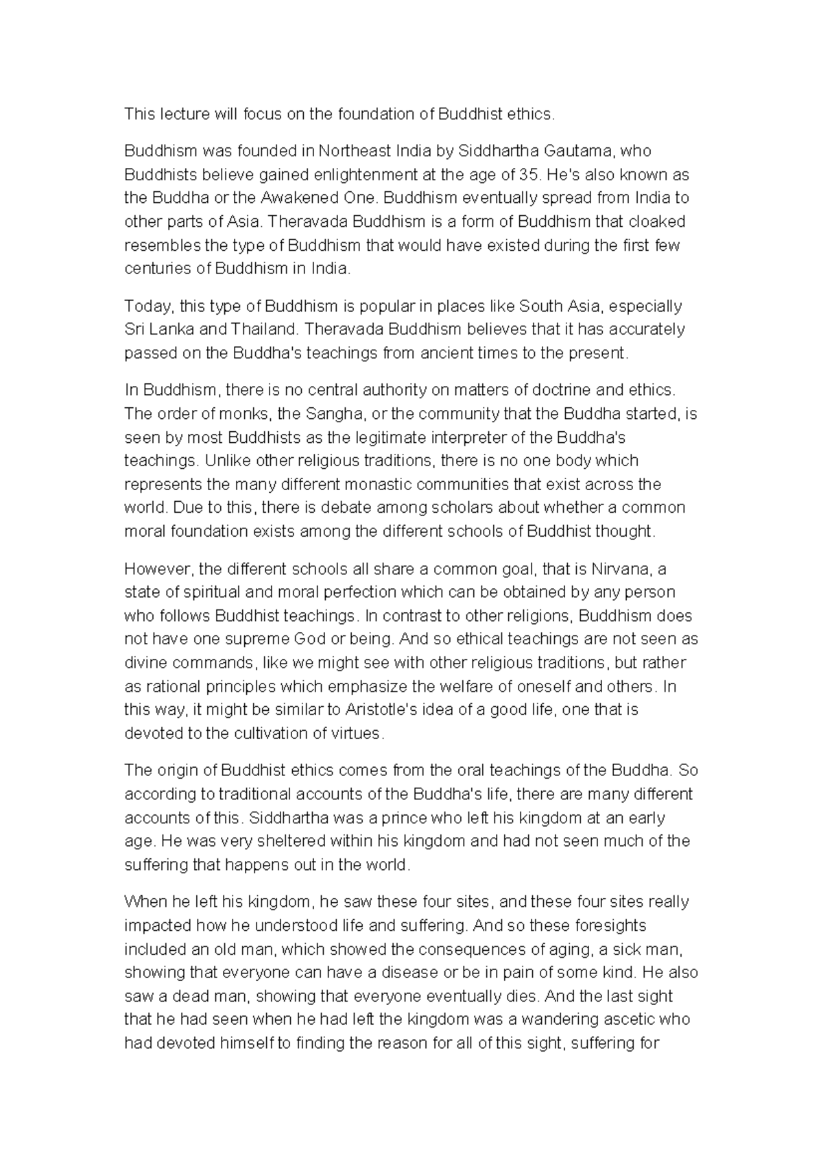 Lecture: Foundations of Buddhist Ethics (Course Code: BUD101) - Studocu