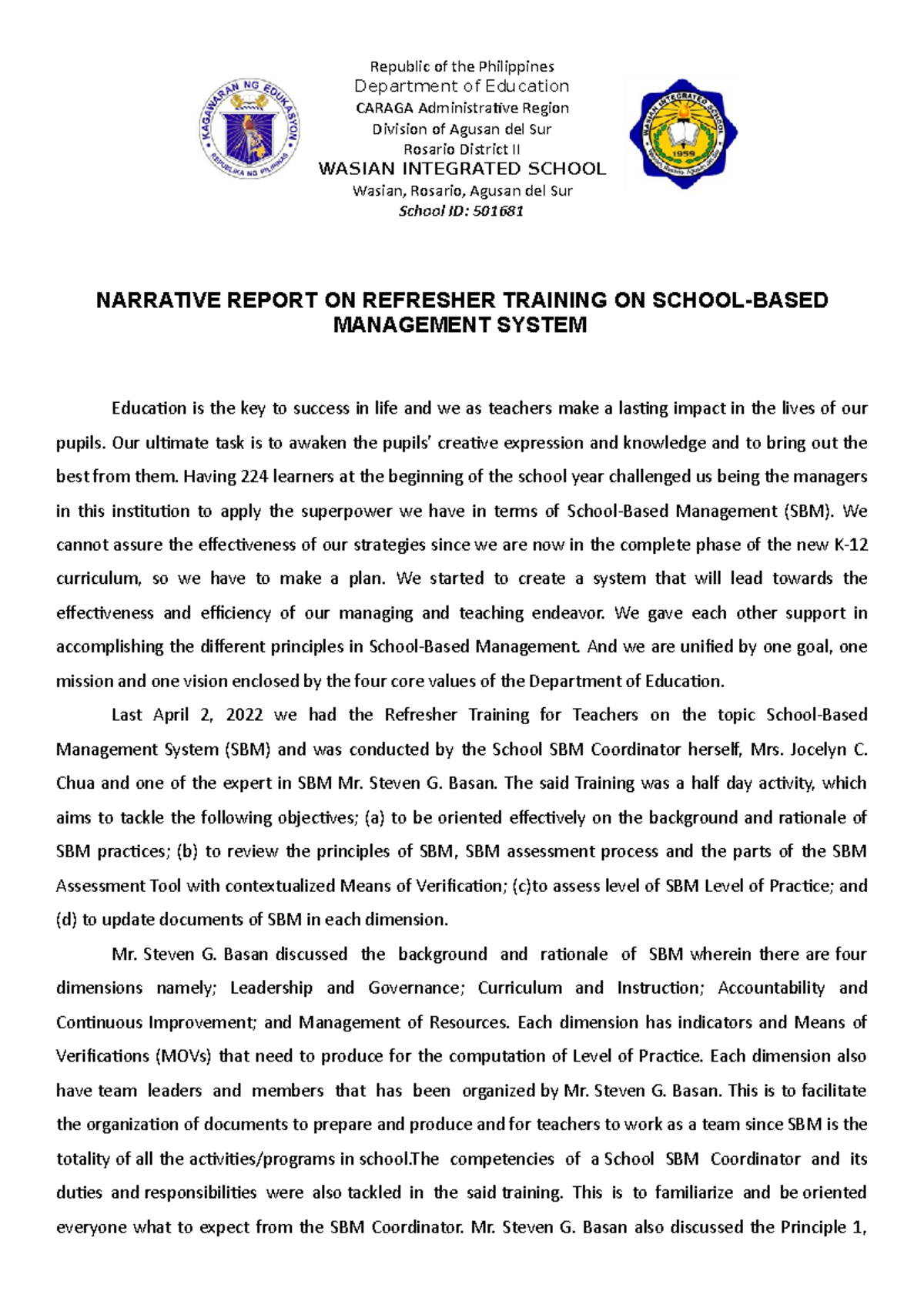 SBM- Narrative Report on Refresher Training for Teachers - Studocu