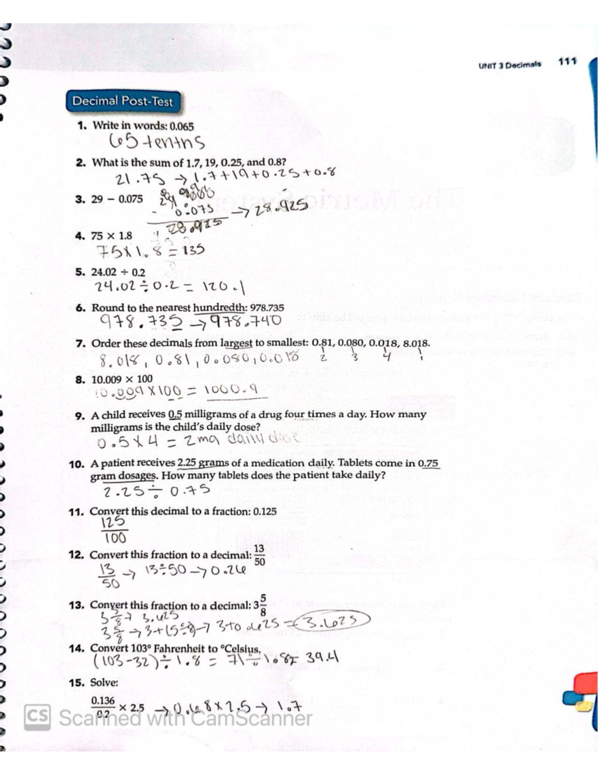 UNIT 3 Decimal Post-Test Review and Analysis - Studocu