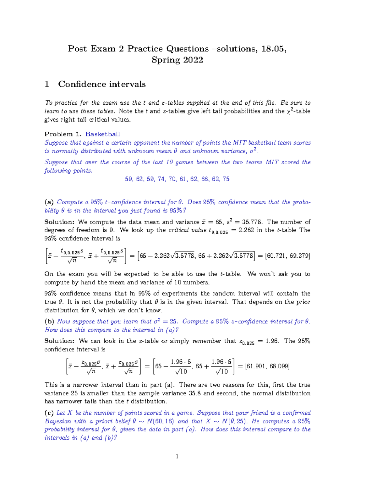 Post Exam 2 Practice Questions 18.05, Spring 2022 - Studocu