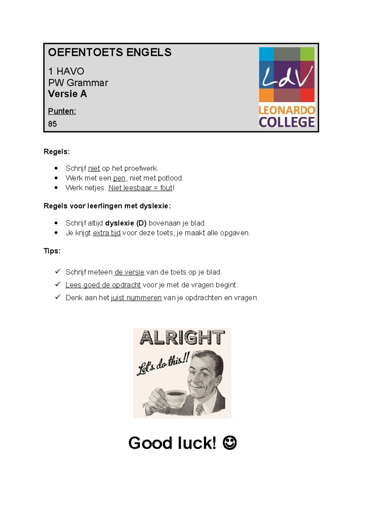 Oefentoets 1THV Engels: Grammar Versie A HW 1 HAVO - Studeersnel