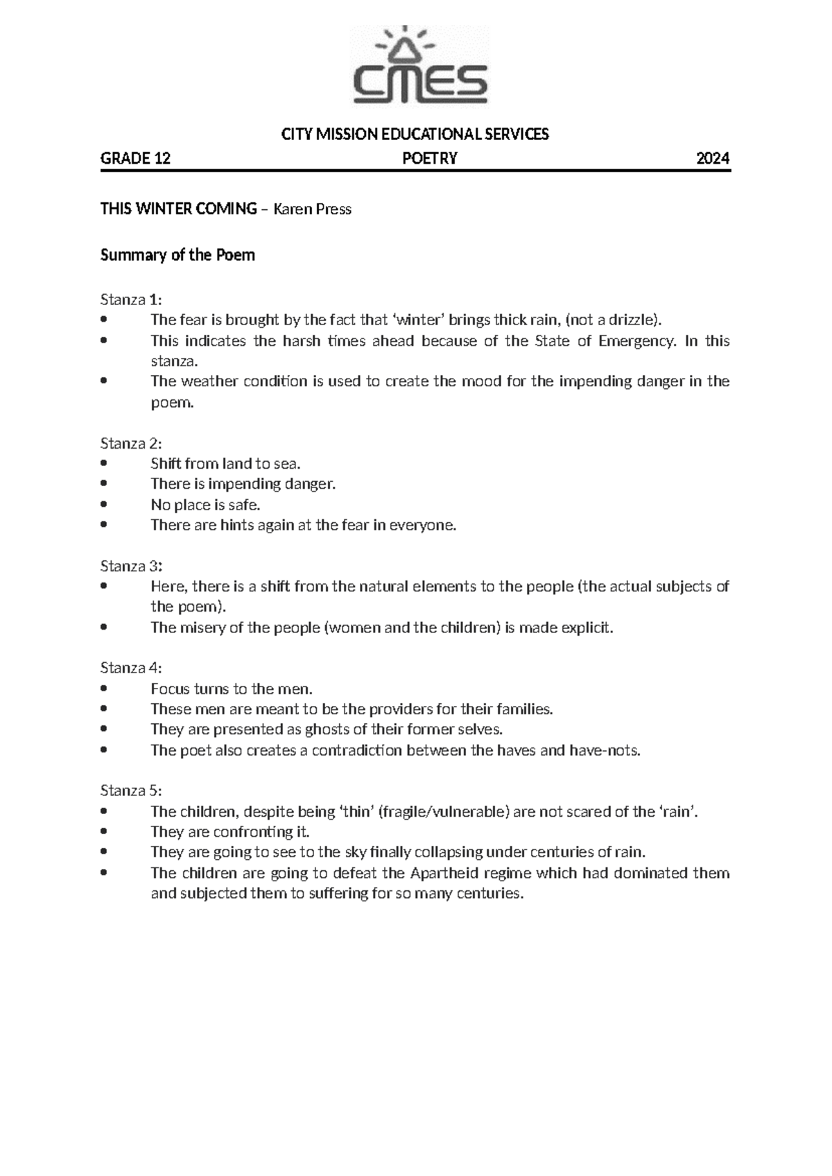 Grade 12 Poetry 2024: This Winter Coming - Analysis & Summary Notes ...