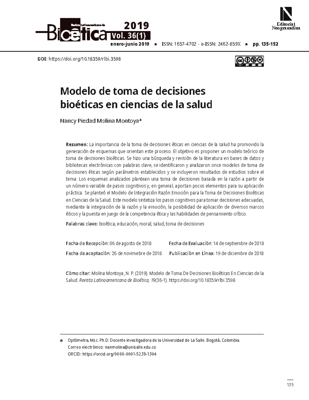Modelo de Toma de Decisiones Bioéticas en Ciencias de la Salud - Vol ...