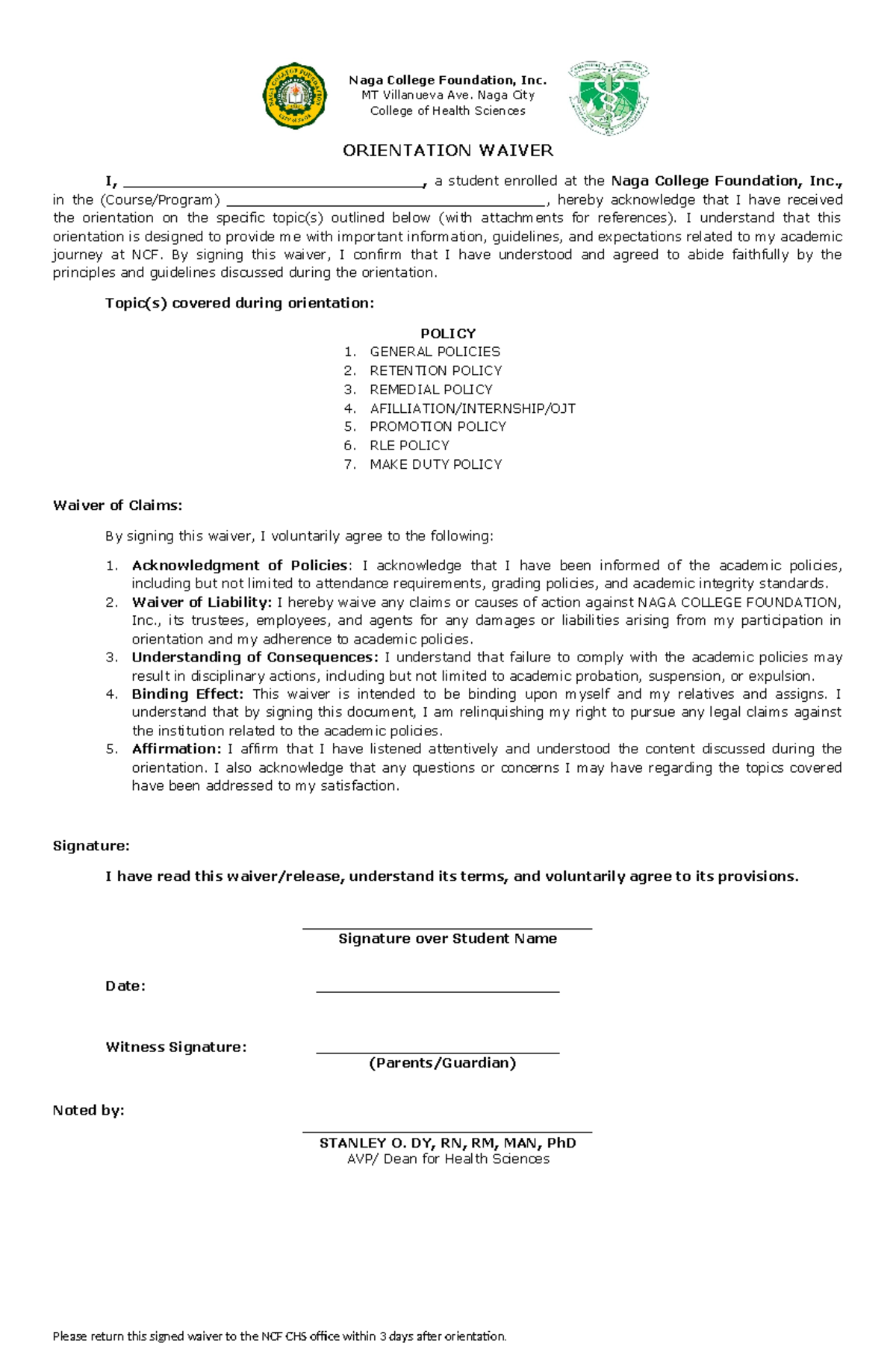 CHS Waiver - Naga College Foundation, Inc. MT Villanueva Ave. Naga City ...