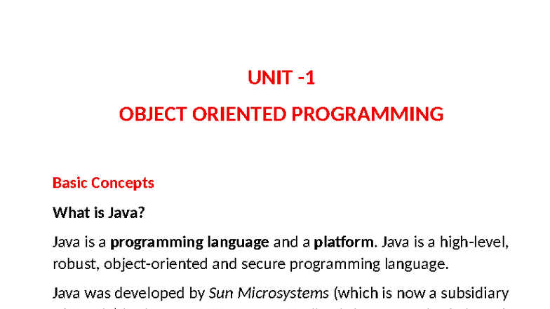 UNIT - 1 JAVA: Basic Concepts and Features of Java Programming - Studocu
