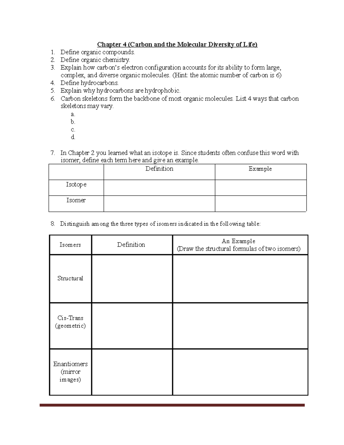 CH4 - Carbon & Molecular Diversity: Practice Worksheet - Studocu