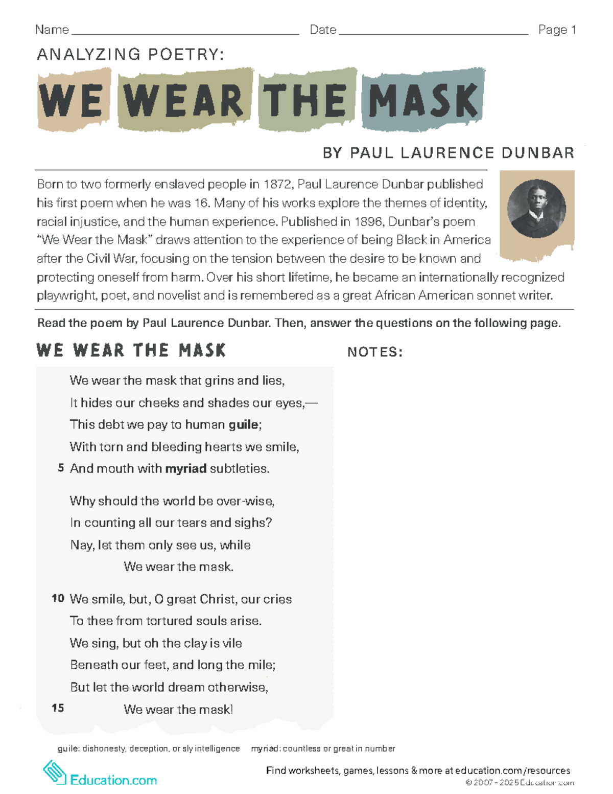 Analyzing Poetry: "We Wear the Mask" by Paul Laurence Dunbar - Studocu