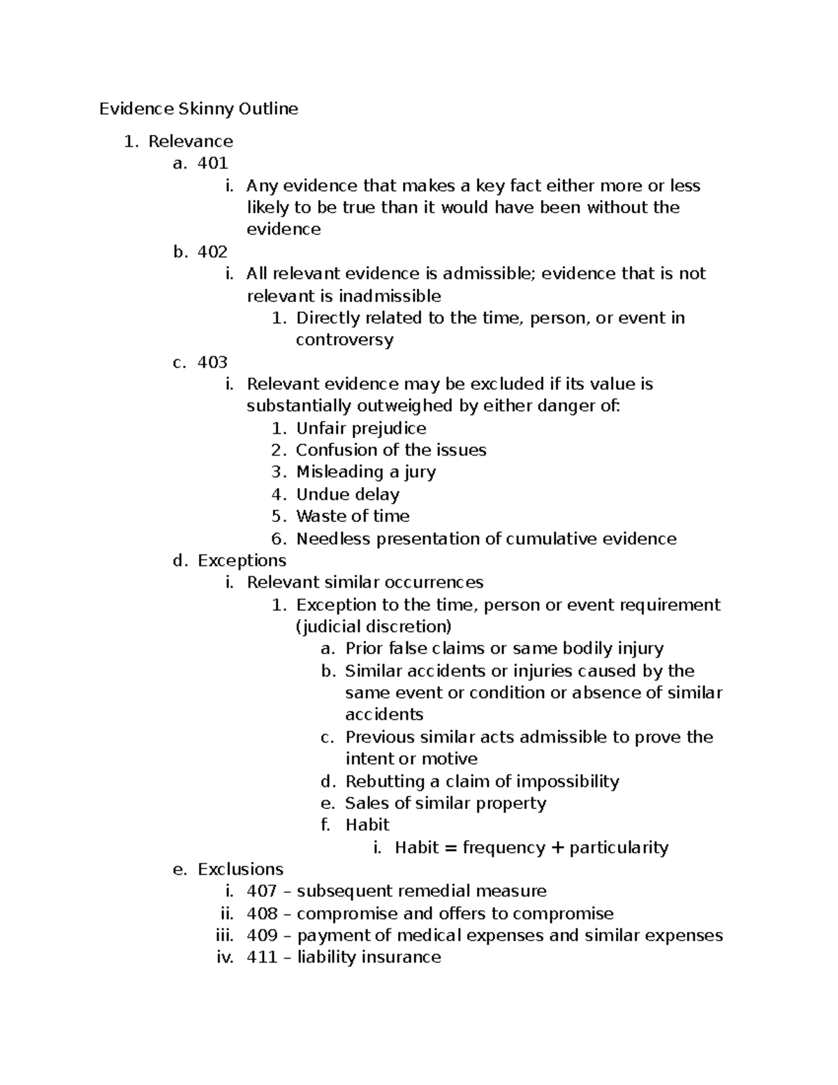 Evidence Admissibility & Character Traits Outline (LAW 401) - Studocu