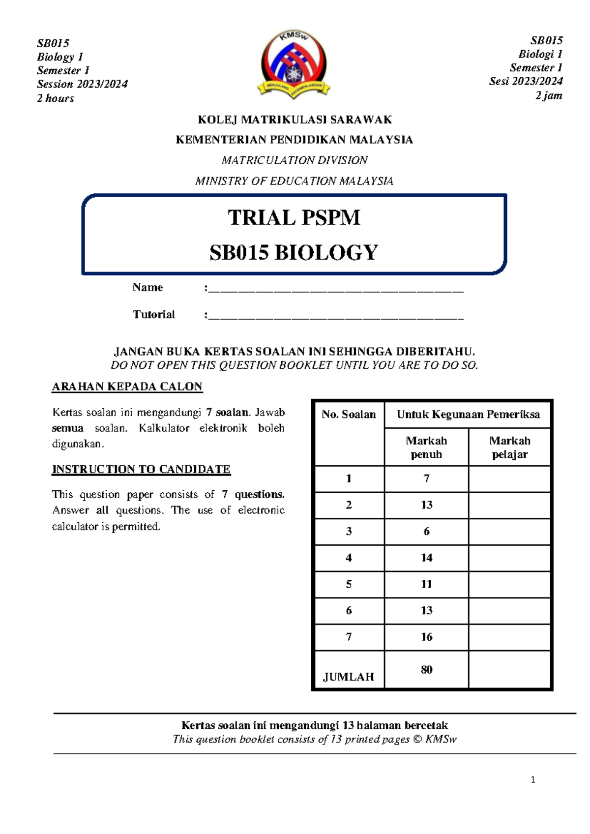 SB015 Trial PSPM Biology 1 Semester 1 Exam Questions 2023-2024 - Studocu