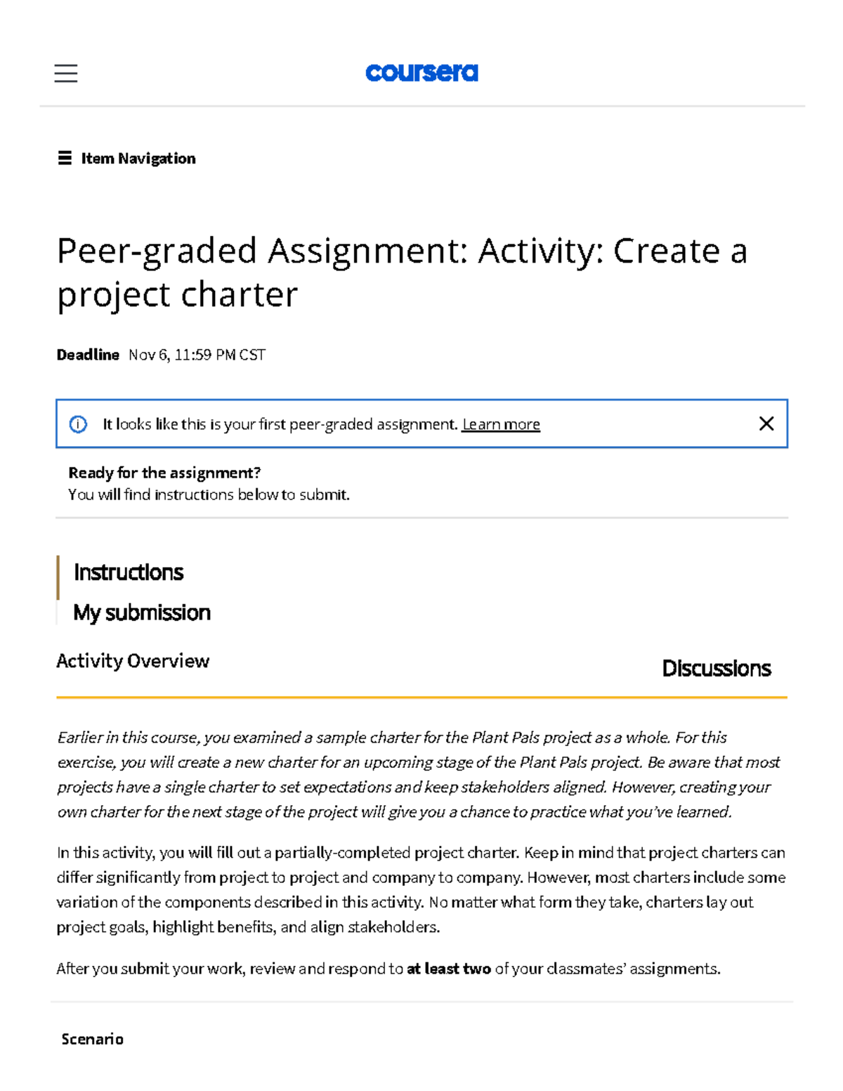 Activity Create a project charter Coursera - Discussions Peer-graded Assignment: Activity ...