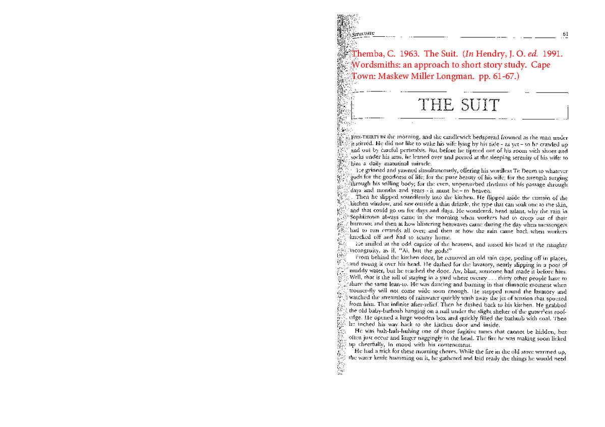 The Suit Can Themba - Short storie. - ENLL111 - Themba, C. 1963. The Suit. (In Hendry, J. O. ed ...