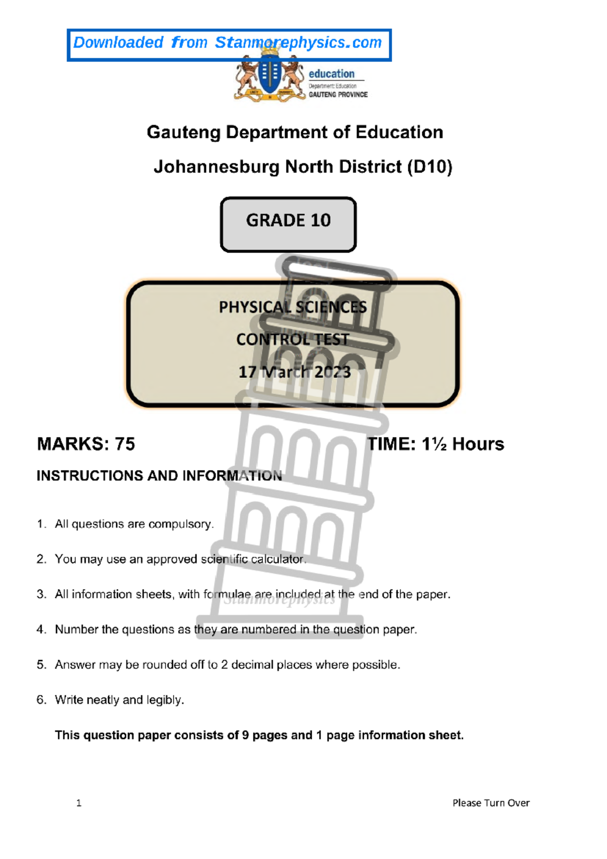 Grade 10 Physical Sciences Control Test Past Paper - March 2023 - Studocu