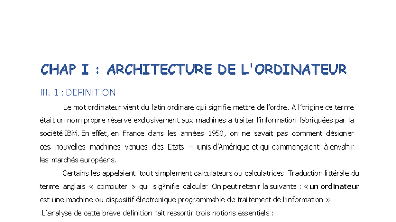 CHAP I : ARCHITECTURE DE L'ORDINATEUR - Définition et Structure - Studocu