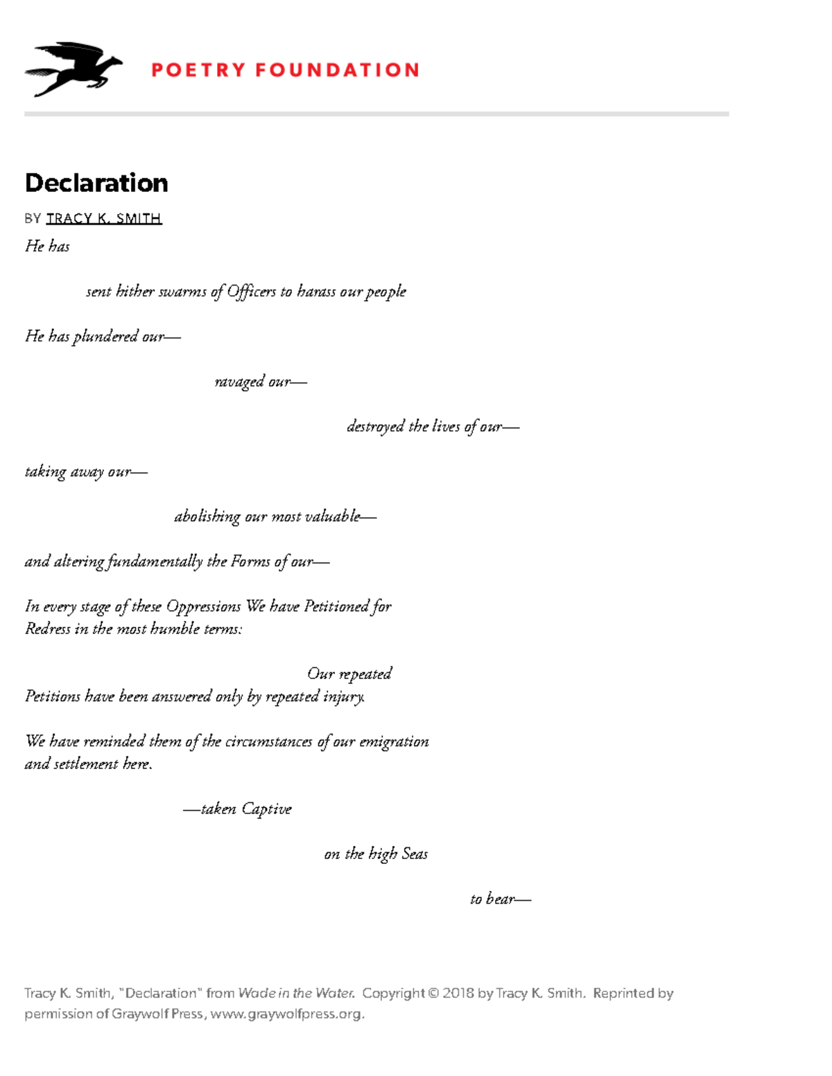 Declaration: Analyzing T. K. Smith's Poetic View on Oppression - Studocu