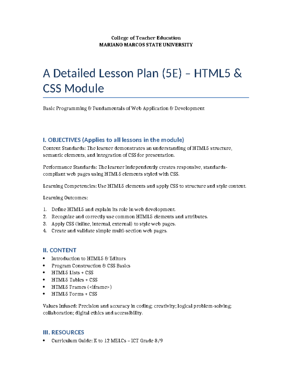 HTML5 CSS 5E Module Lesson Plan for Web Development Fundamentals - Studocu
