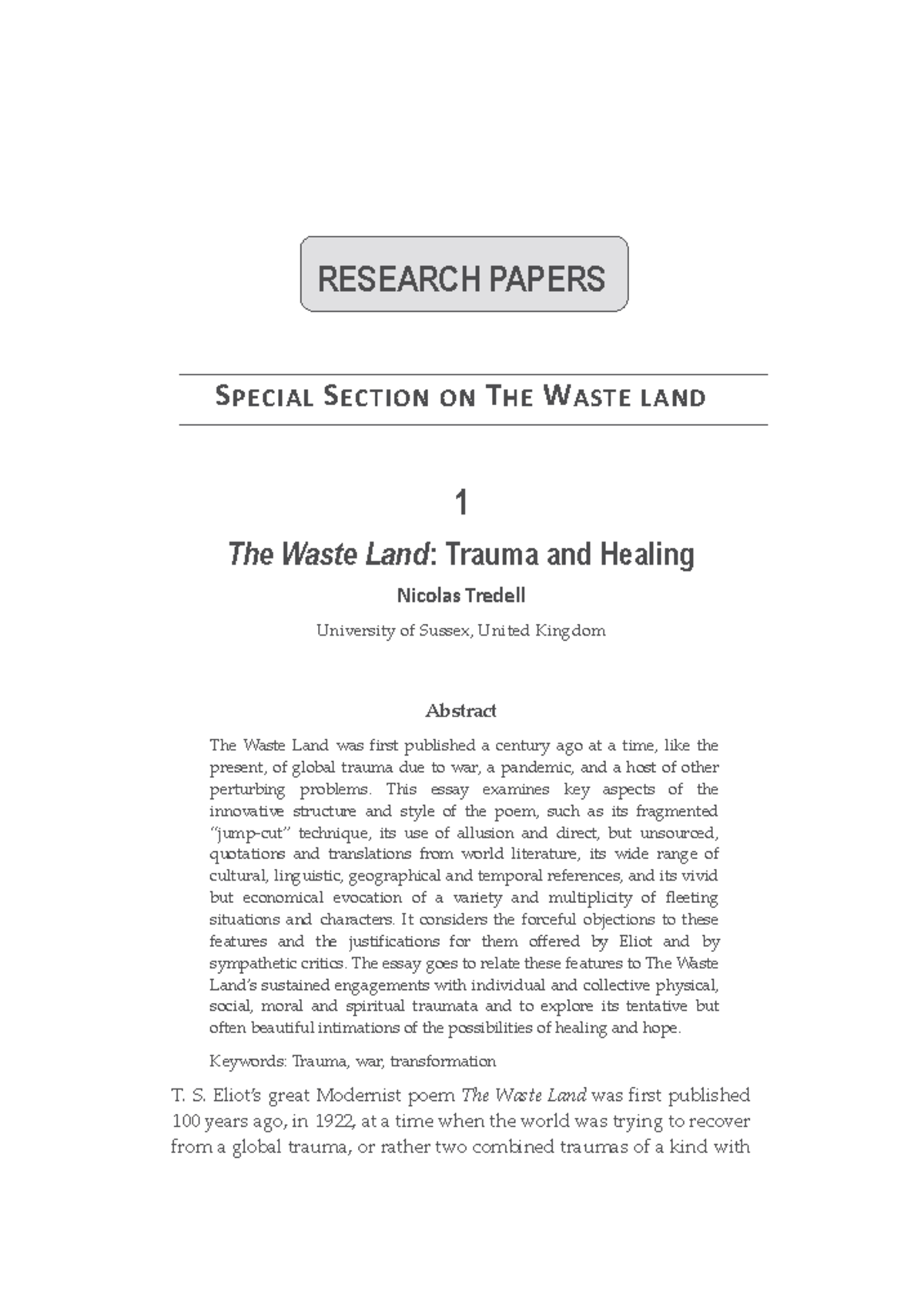 The Waste Land: Trauma and Healing - An Analysis (ENG 101) - Studocu