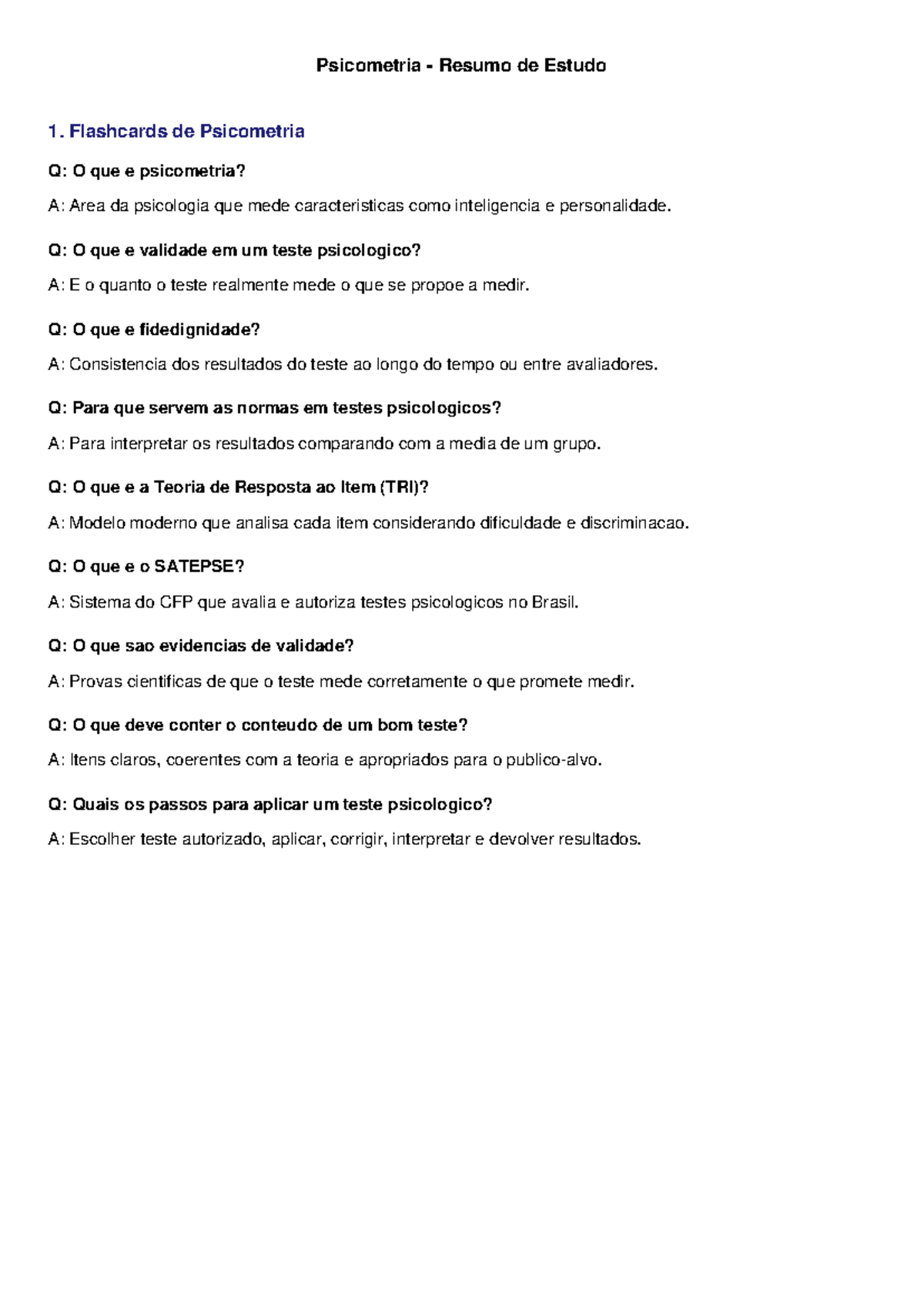 Resumo de Estudo de Psicometria: Flashcards e Mapa Mental - Studocu