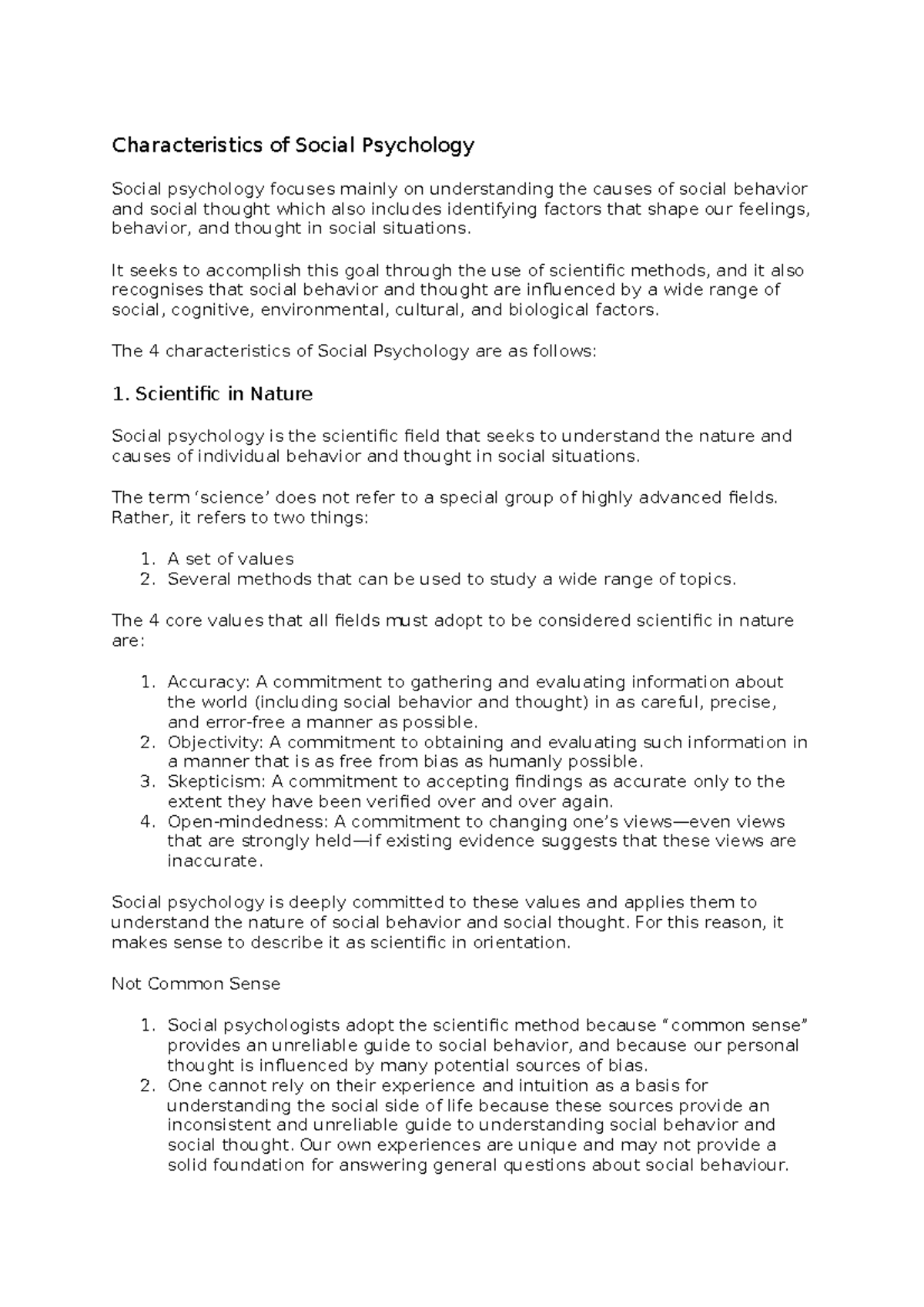 Social Psychology - Lecture notes 1-3 - Characteristics of Social ...