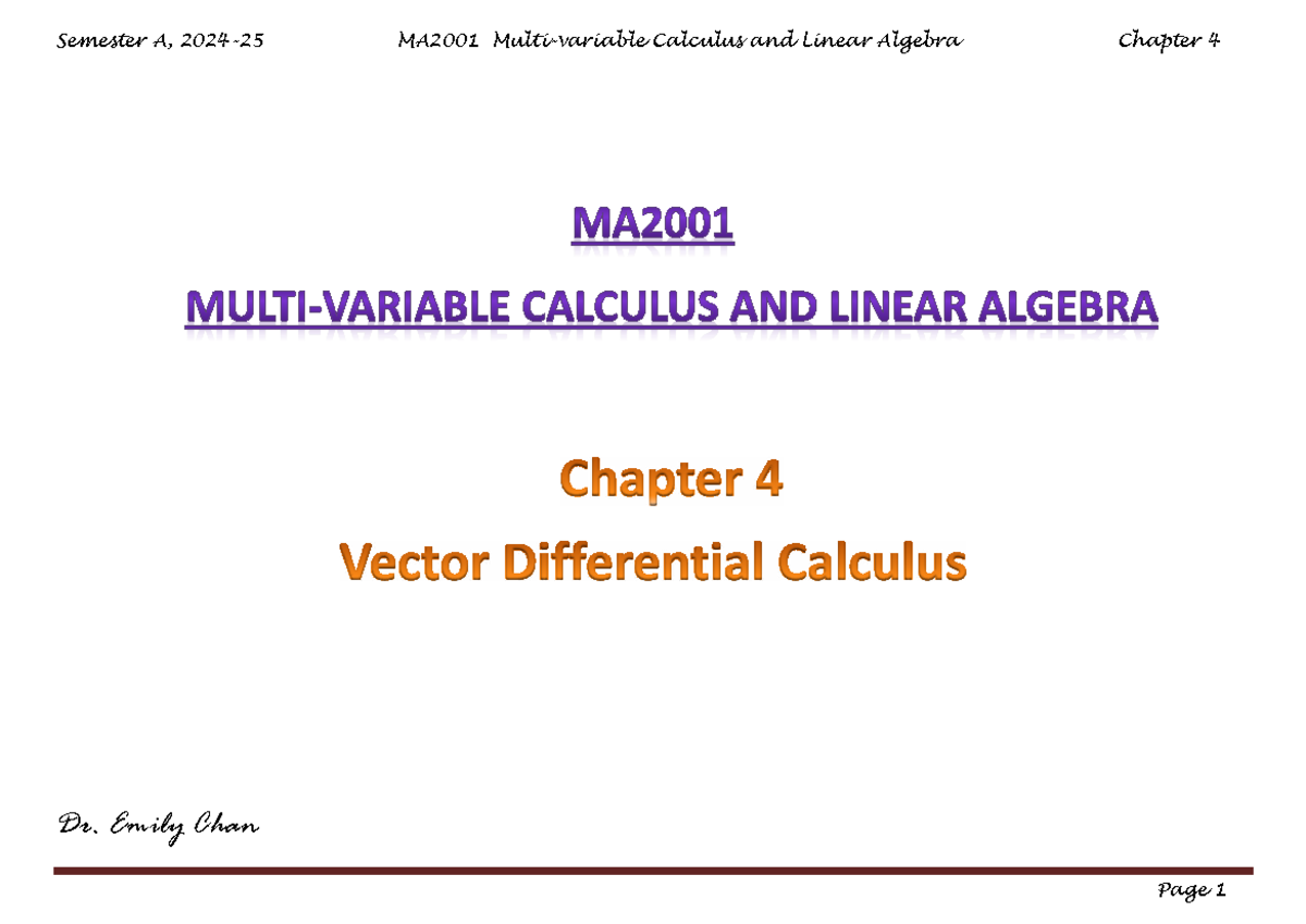 MA2001 Semester A Calculus & Linear Algebra: Ch 4 Vector Differential ...