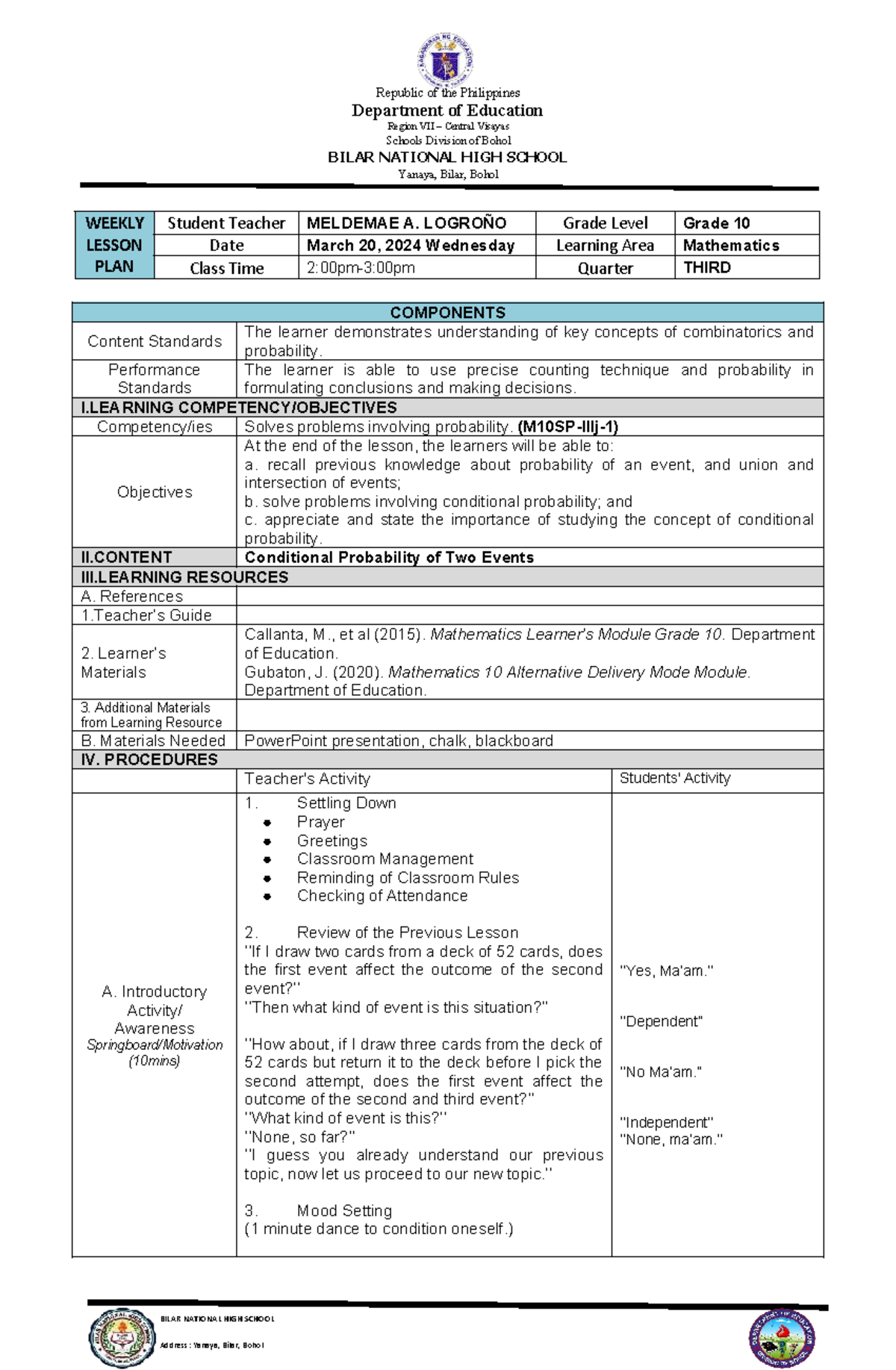 Grade 10 Math Weekly Lesson Plan: Conditional Probability (MATH101 ...