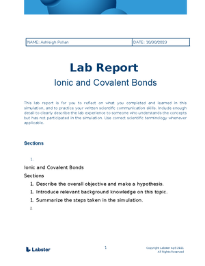 Lab Report: Ionic & Covalent Bonds Exploration (Chem 101) - Studocu