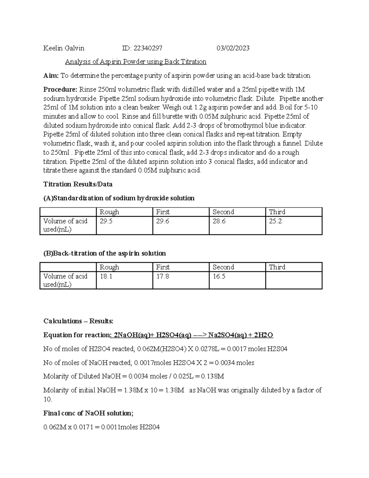 Lab Report - Aspirin Purity Analysis Using Back Titration (Lab 1) - Studocu