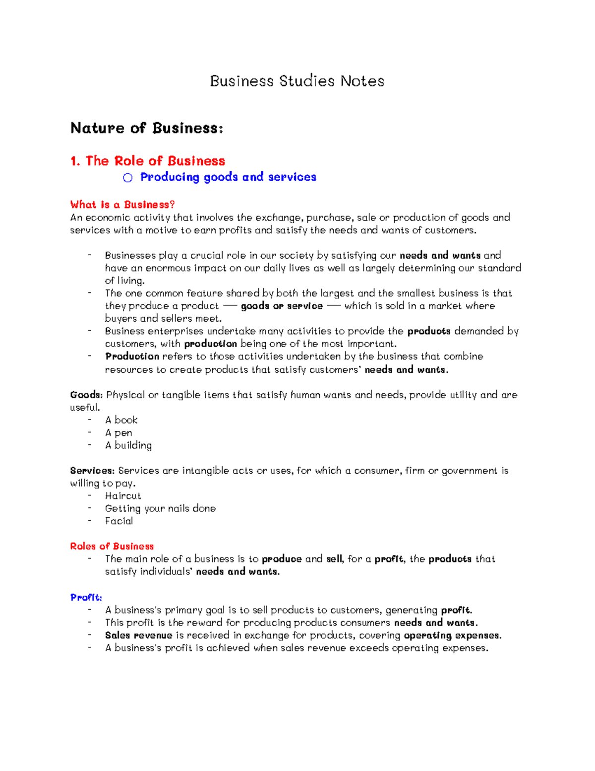 Business Studies Notes - Business Studies Notes Nature of Business: 1 ...