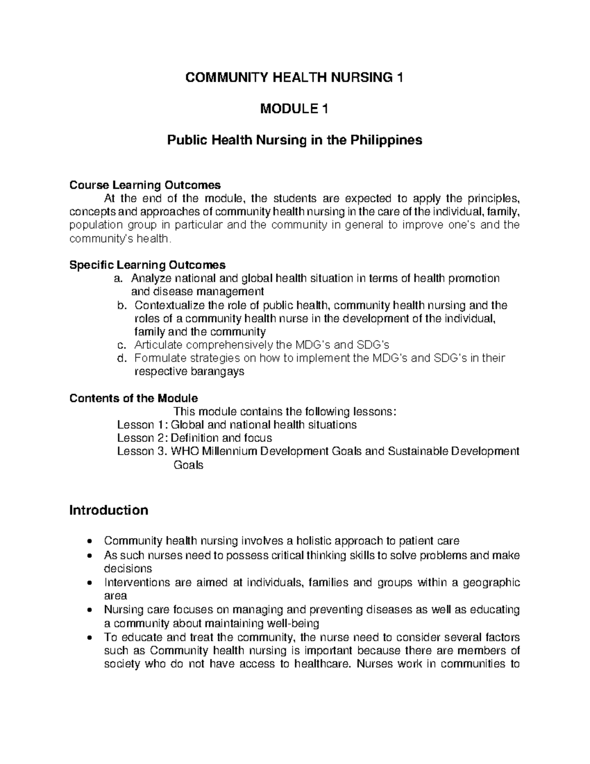 N200 CHN 1 Module 1: Community Health Nursing in the Philippines - Studocu