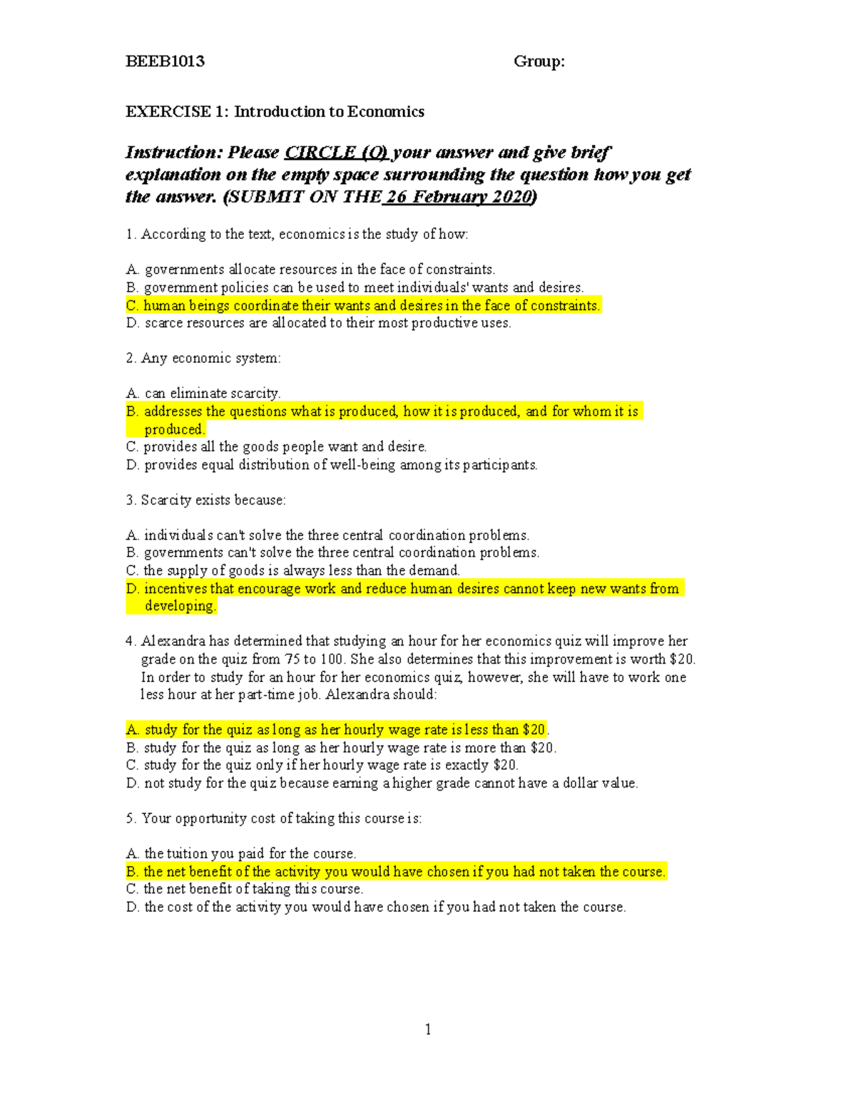 Exercise 1 Introduction to Economics - BEEB1013 Group: EXERCISE 1 ...