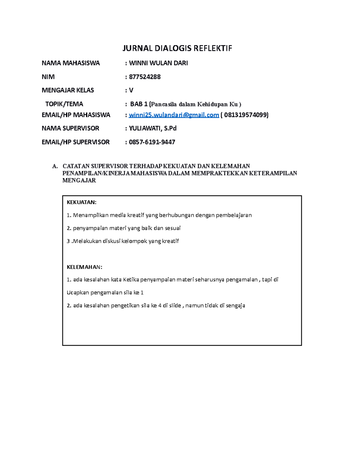 Jurnal Dialogis Reflektif Mahasiswa Kelas V - Winni Wulan D. - Studocu