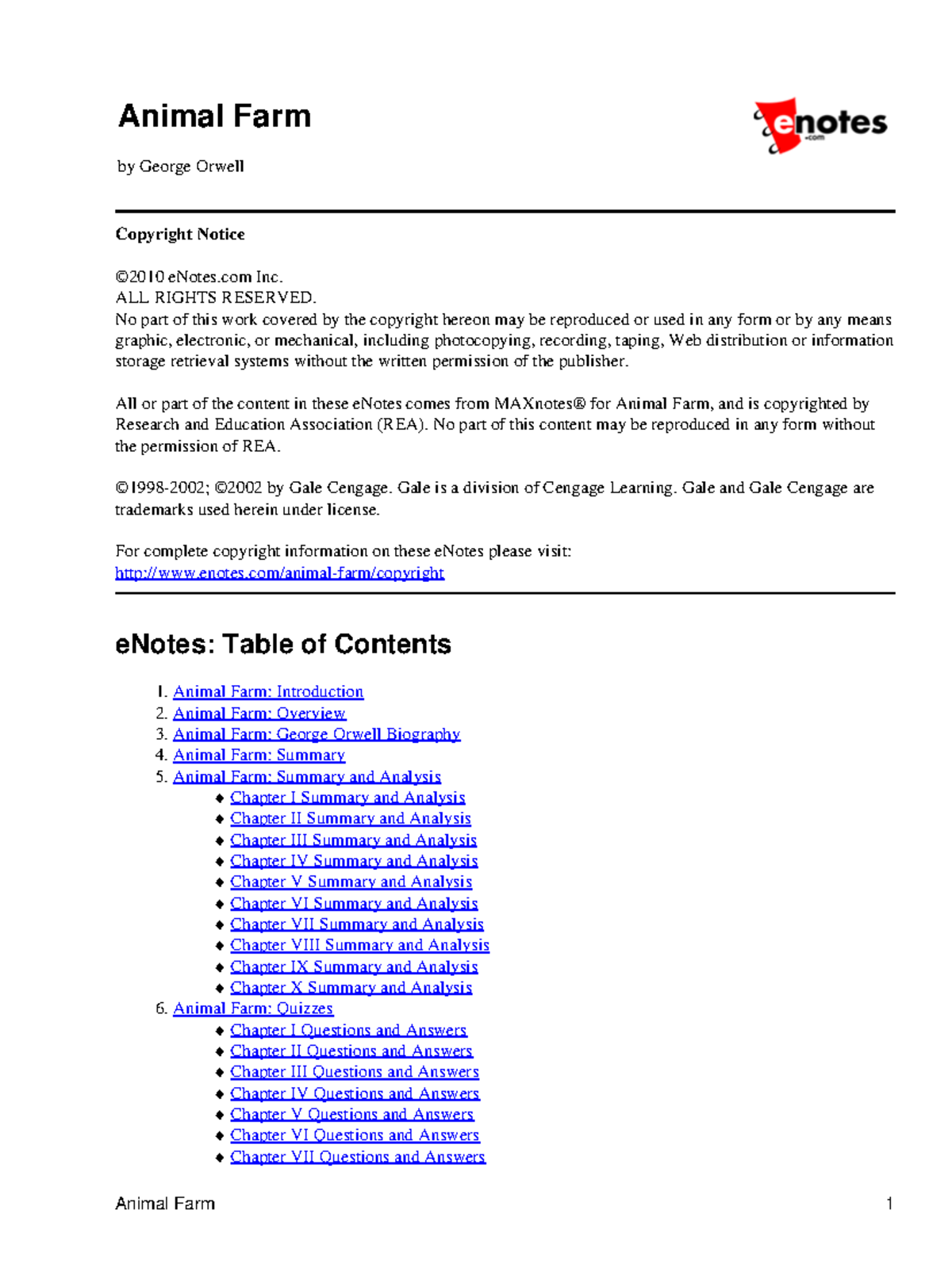Animal Farm E-Notes: Summary, Analysis & Key Themes - Studocu