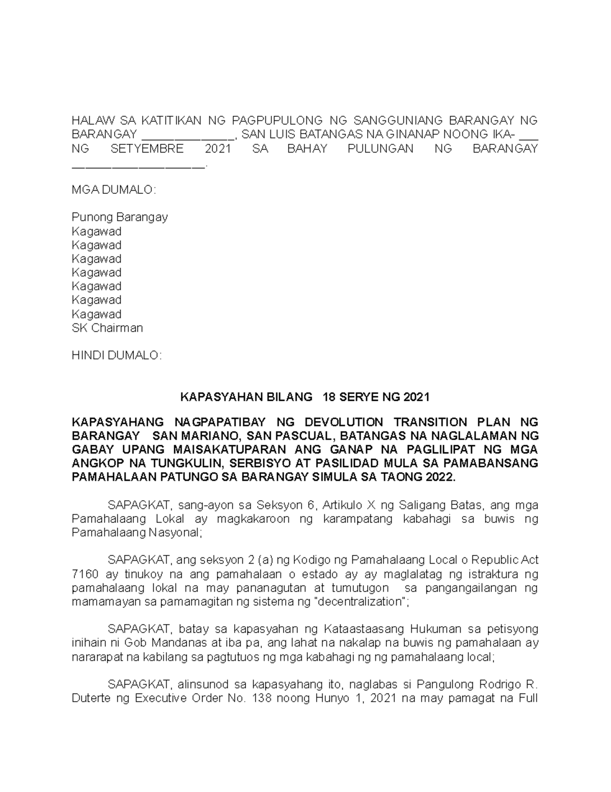 3. Barangay Resolution Adopting DTP - HALAW SA KATITIKAN NG PAGPUPULONG NG SANGGUNIANG BARANGAY ...