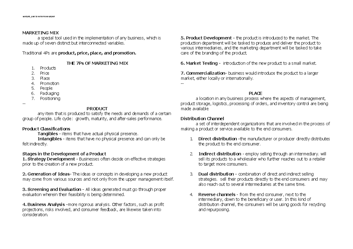UNIT 8 Marketing Mix Overview: Understanding the 7Ps - Studocu