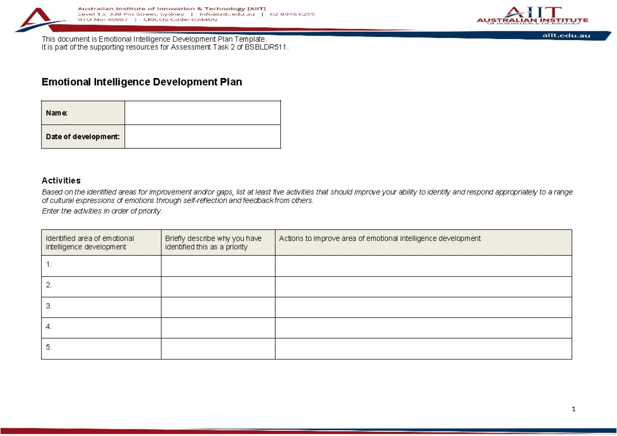 BSBLDR511 Assessment Task 2: Staff Emotional Intelligence Plan Template ...
