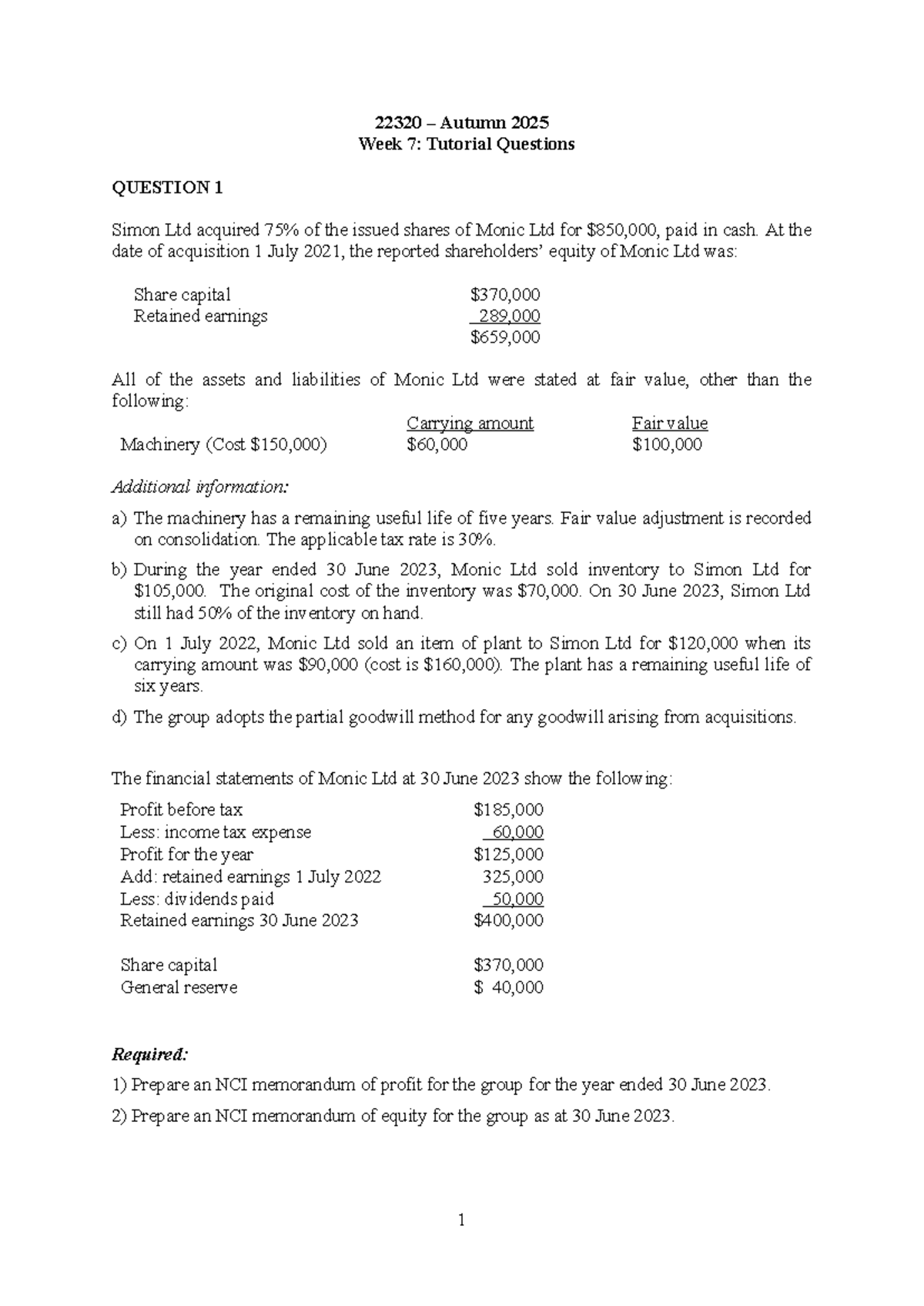 22320 Autumn 2025 Week 7: Tutorial Questions on Acquisition Analysis ...