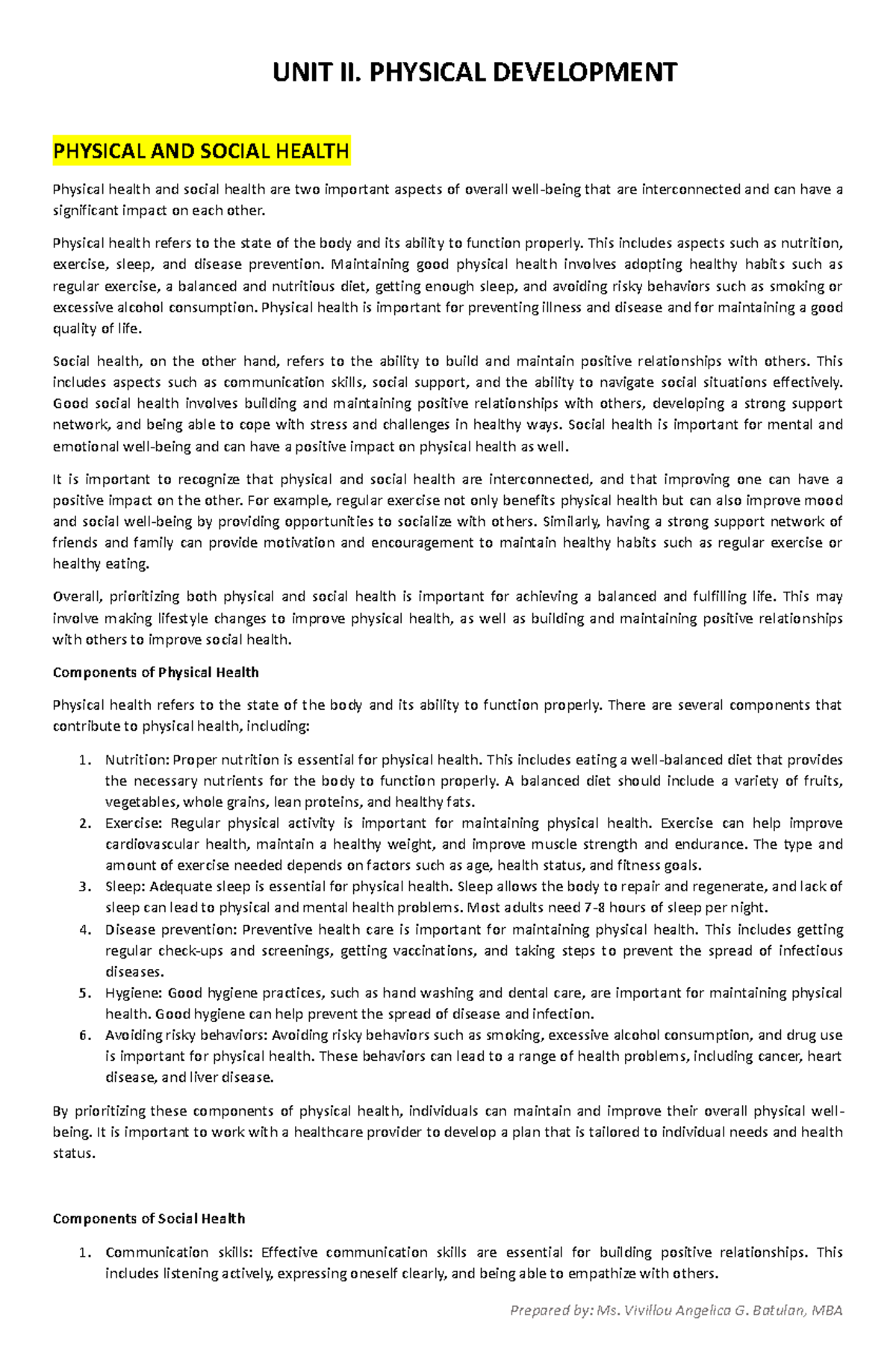 Unit II: Physical & Social Health Overview and Key Components - Studocu