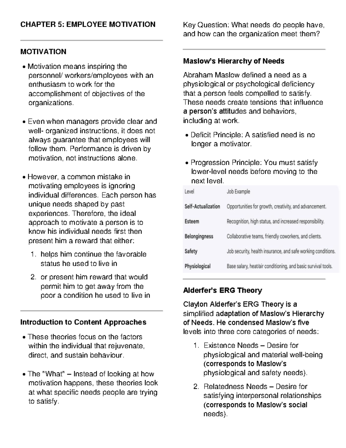 CHAPTER 5: EMPLOYEE MOTIVATION - Understanding Needs and Theories - Studocu